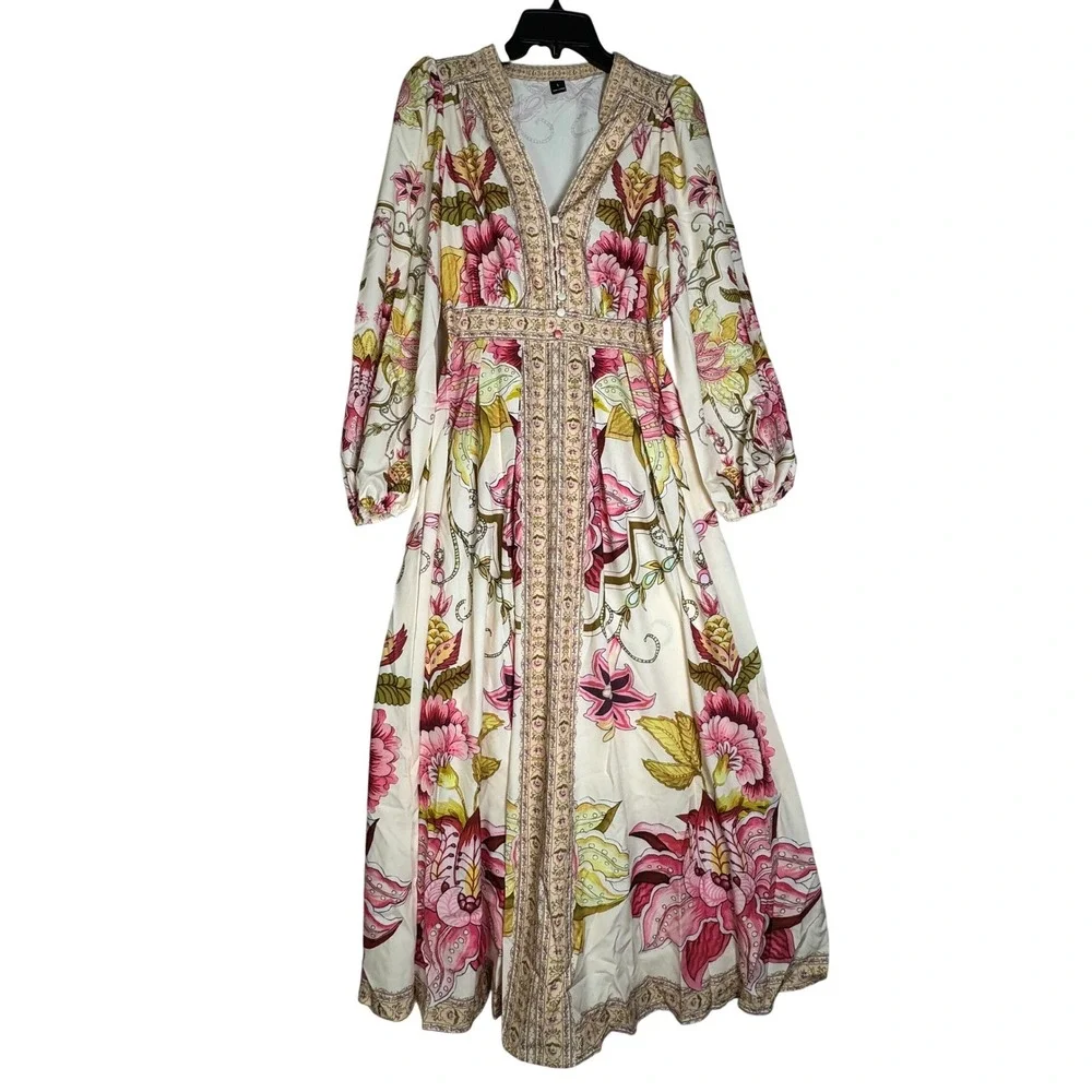 Dresses | Garden Splendor Dress Cream Floral Print Balloon Sleeve Maxi ...